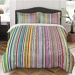 Duvet Cover Full Size, Rainbow Stripe Green Blue Bedding Set with Zipper Closure for Kids and Adults, Red Colorful Line Comforter Cover with 2 Pillow Shams for Bedroom Bed Decor