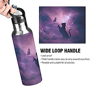 Yasala Water Bottle Galaxy Cat Butterfly Coffee Thermos Stainless Steel Insulated Beverage Container 20 oz with Straw Lid BPA-Free for Sport, Travel, Camping, Back to School