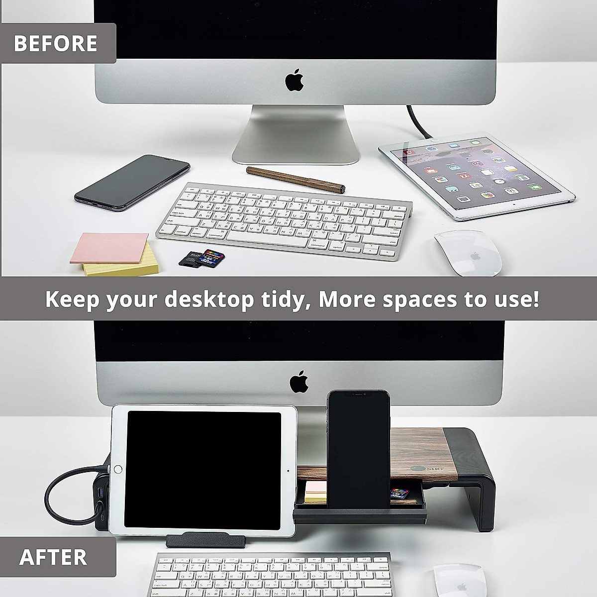 SIIG Computer Monitor and Laptop Stand Riser with USB Ports Width Adjustable on Both Sides - Support up to 55lbs (CE-MT2Q12-S1)