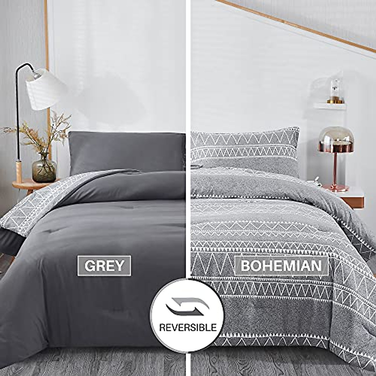 Atarashi Grey Comforter Set Twin, Soft Microfiber Reversible Gray Boho Down Alternative Comforter Set for Twin Bed- 2 Pieces (1 Solid Comforter + 1 Pillowcase), Bedding Duvet Set 66"x 90"