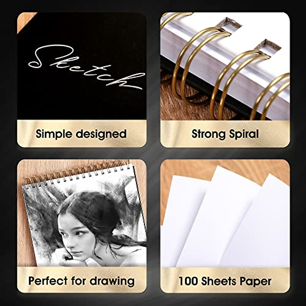 Top Spiral Sketchbook for Drawing Hardcover 9 x 12 Large Sketch Book for Women Men Girl 105 Sheets (68lb/100gsm) Premium Paper Sketch Pad, Black