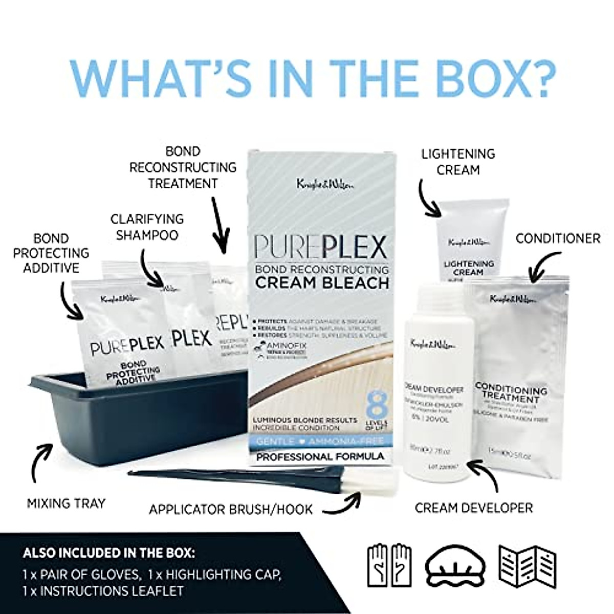 Knight & Wilson PurePlex Cream Hair Bleach. Powder Free. Bond Reconstructing. Up to 8 of Lift, Protects & Repairs during Lightening. Complete bleaching kit with tint bowl and brush. Ammonia Free.