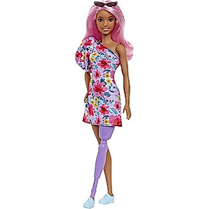 Barbie Fashionistas Doll #189 with Prosthetic Leg, Pink Hair, Floral Dress, Sneakers & Sunglasses Accessory