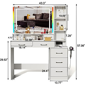Hiwelldas Vanity Desk with Mirror and Lights, 43.3'' Large Makeup Vanity Table with Ambient Light 3 Lighting Modes Brightness Adjustable, Dressing Table with with Charging Station,7 Drawers