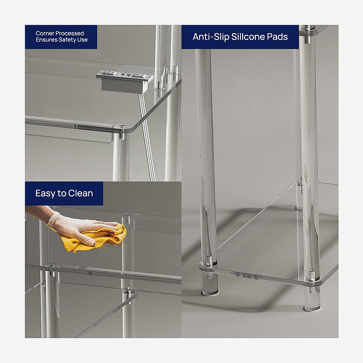 HMYHUM Acrylic Desk with Charging Station & Hutch, 39.4", Clear Computer Desk with USB Ports & Outlet, Storage Shelves for Home Office, Writing, Study, Modern