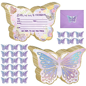Hotop 24 Sets Mermaid Birthday Invitations with Envelopes and Mermaid Stickers Glitter Butterfly Invitations for Kids Birthday Party Baby Shower Mermaid Themed Party Supplies Pool Party (Butterfly)