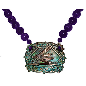 Elaine Coyne Collectible Artwear Verdigris Patina Victorian Dragonfly on Cattail Pendant - Amethyst