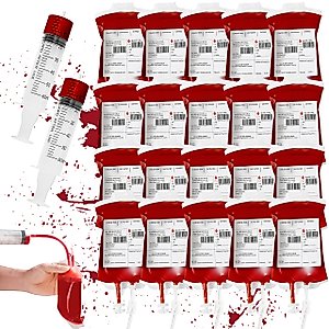 20 Packs Halloween Blood IV Bags for Drinks Reusable Container Drinks Pouches for Vampire Zombie Theme Party Decoration Supplies with Syringe and Clips, 10.15 fl.oz (20pcs Bag, 20 Label, 2 Syringes)