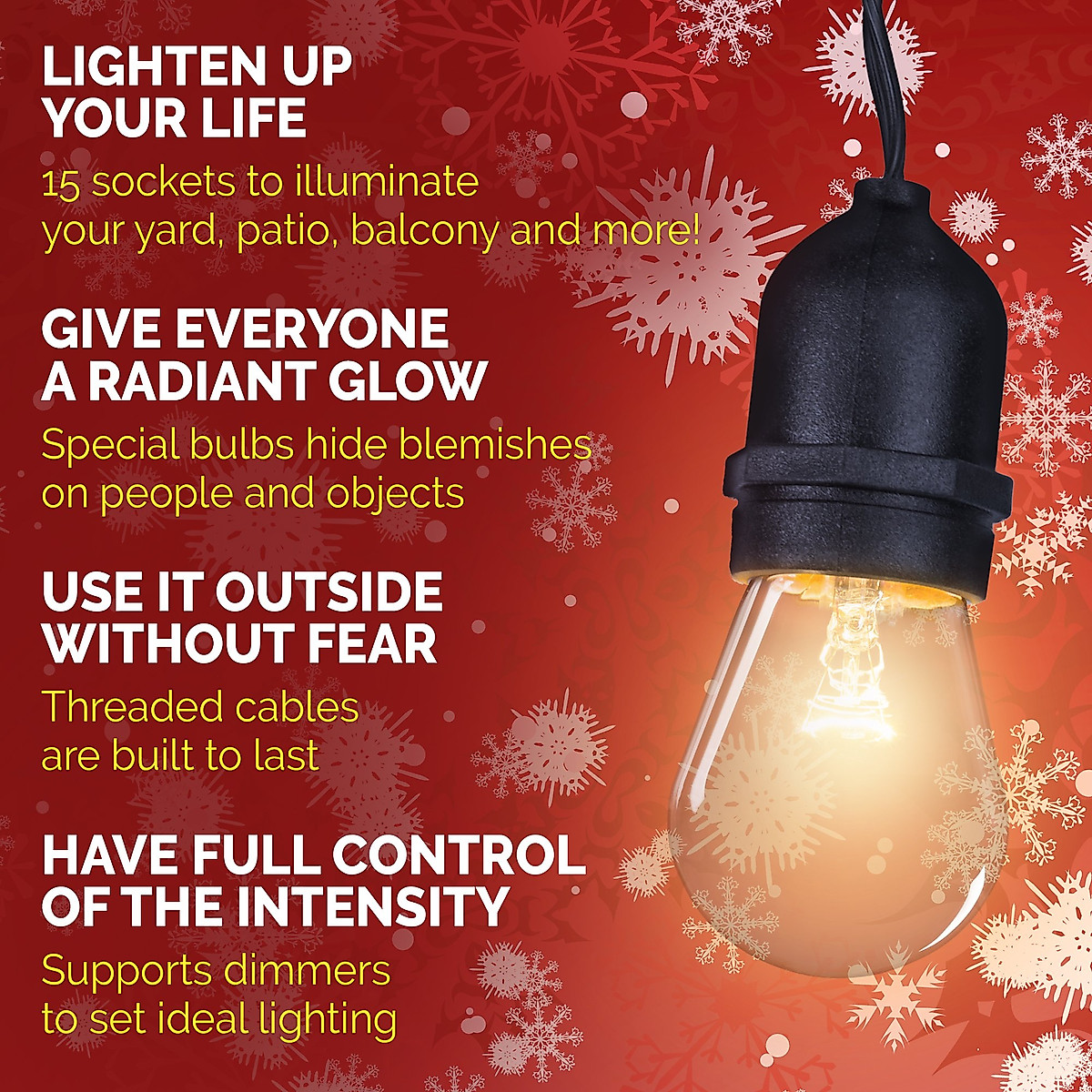 RZSAIDA Light Outdoor String Lights 48 ft Thick Bulb with Hanging Sockets Weatherproof Commercial Grade Bistro Backyard Market Patio Cafe Porch Garden Deck Gazebo Pergola Balcony Exterior Strand