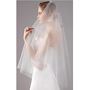 Fangsen Wedding Bridal Veil with Comb 2 Tier Tulle Short Wedding Veil Fingertip Length （ 2T Fingertip Light Ivory）