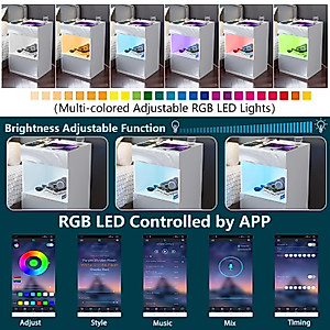 HOMMPA Set of 2 Open Shelf LED Nightstands with Charging Station 2 Drawers Bedside Tables White Night Stands with Storage Smart Nightstands High Gloss Night Table with Led Light for Bedroom Furniture