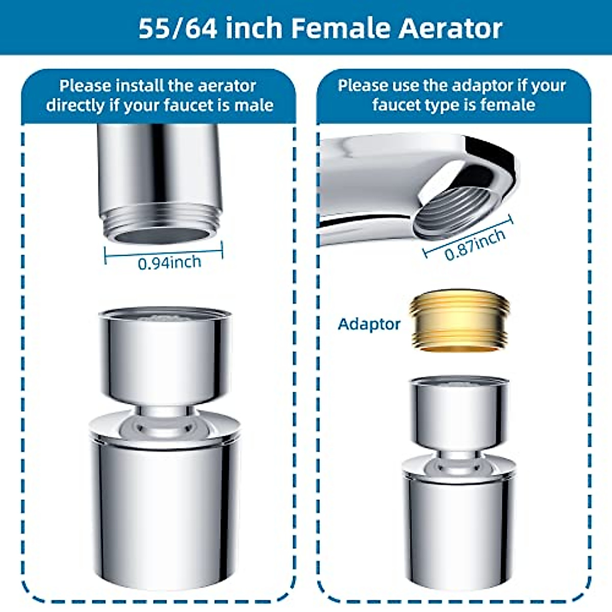 Hygie Rinse Faucet Aerator, 360° Swivel Kitchen Sink Sprayer Attachement Dual-function 2-Flow Faucet Head, Big Angle Sink Faucet Extender, Female 55/64 Inch-27UNS, Chrome Finish