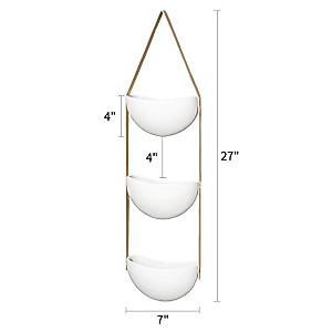 Mkono Ceramic Wall Planter 3 Tier Hanging Succulent Herb Planter for Indoor Plants, 7 Inch Half Moon Flower Pot with Leather Strap Modern Vertical Garden for Air Plants Live or Faux Plants Home Decor