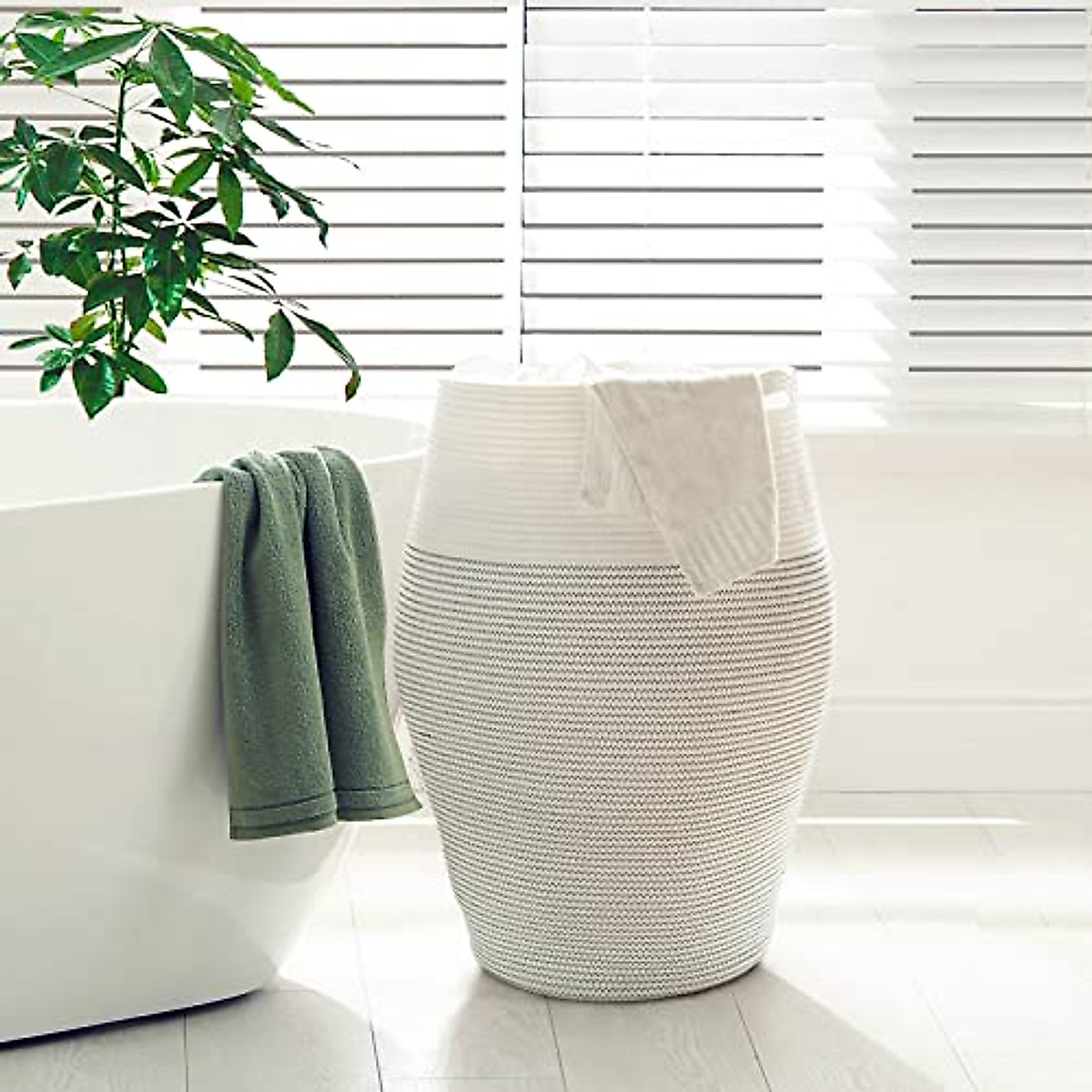 Goodpick Laundry Hamper | Woven Cotton Rope Dirty Clothes Hamper Tall kids Curve Laundry Basket Large, (White, 25.6 x 17.71 Inch)