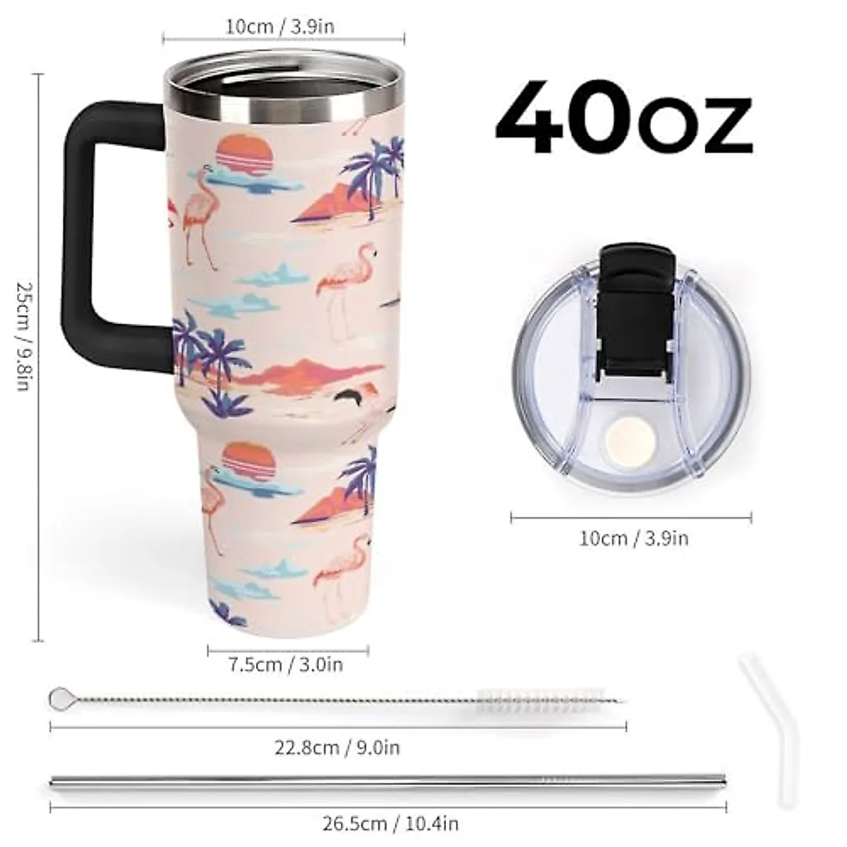 40oz Sunset Flamingo Insulated Stainless Steel Tumbler with Handle Leakproof Water Bottles Travel Mug with Lid And Straw