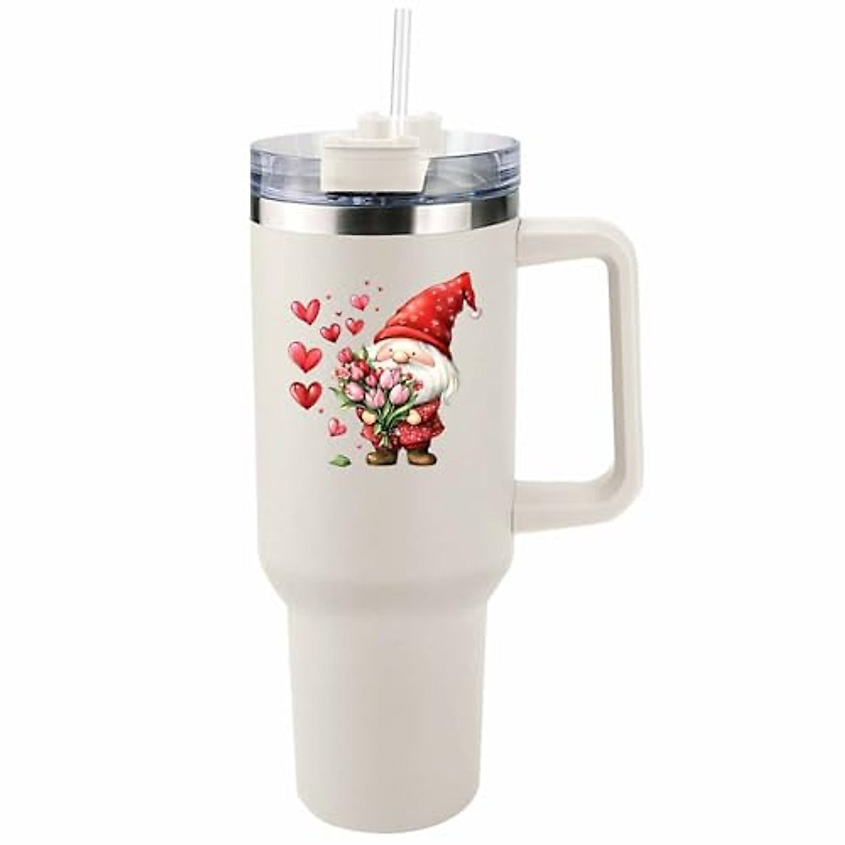 LB LEOBON 40 ounce insulated cup with handle, double-layer vacuum stainless steel material, equipped with straw, can keep warm or maintain cold drinks Red Love Gnome D white