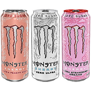 Monster Energy Ultra Variety Pack, Zero Ultra, Ultra Peachy Keen, Ultra Strawberry Dreams, Sugar Free Energy Drink, 16 Ounce (Pack of 15)
