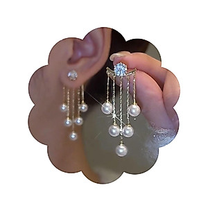 Sttiafay Vintage Crystal Pearl Drop Earrings Long Tassel Pearl Dangle Earrings Gold Cz Pearl Chain Earrings Cz Rhinestone Bridal Earrings Jewelry for Women and Girls