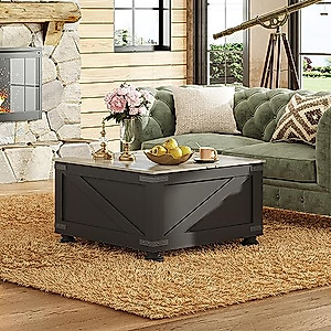 WLIVE Farmhouse Coffee Table,Square Wood Lift Top Coffee Table with Storage,Center Table for Living Room,Home Office,Black and Grey Oak