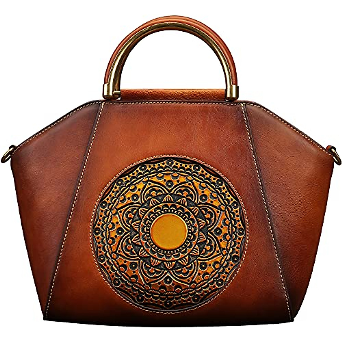 Genuine Leather Handbags for Women, Organizer Top Handle Satchel Vintage Embossing Totem Shoulder Bag Medium