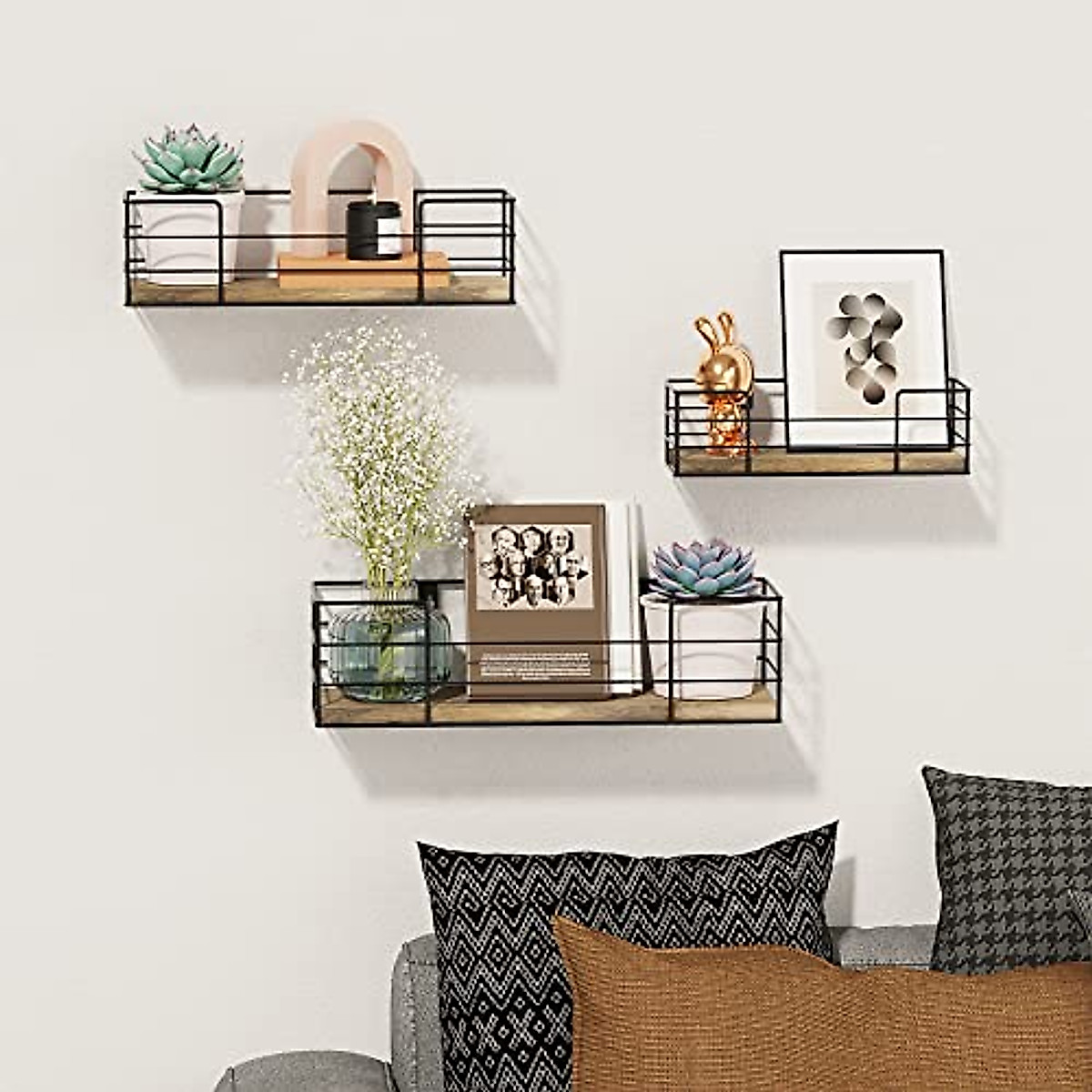 POTEY Floating Wall Shelves, Natural Wood Wire Frame Hanging Shelves for Bathroom, Living Room, Bedroom, Kitchen 3 Sets Light Brown