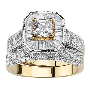 PalmBeach Yellow Gold-Plated or Platinum-Plated Sterling Silver Princess Cut Cubic Zirconia Vintage Style Bridal Ring Set Size 9