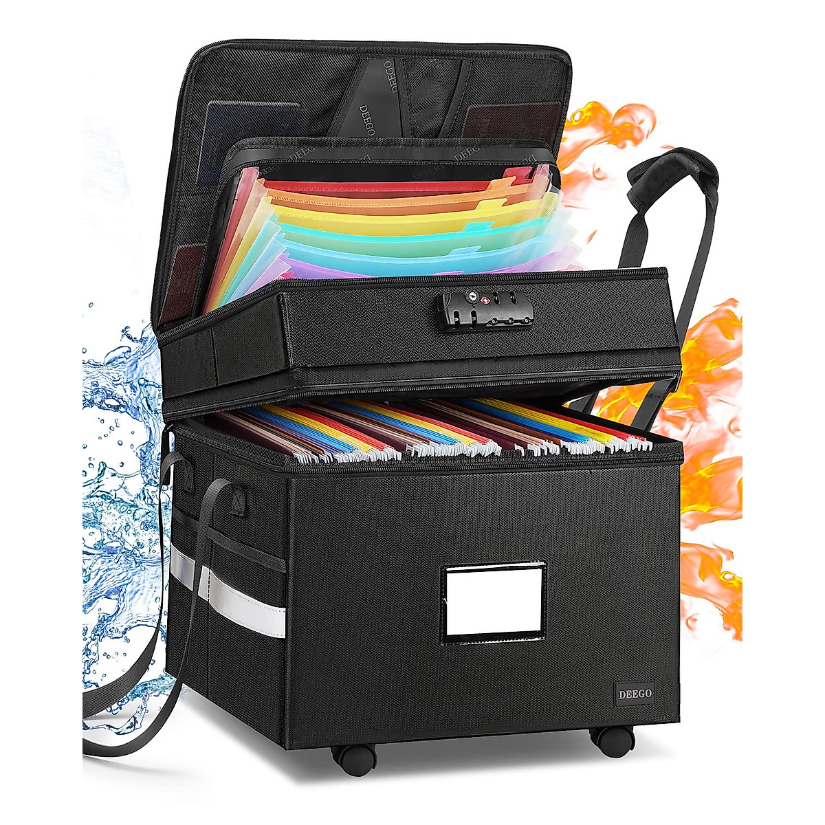 DEEGO Rolling File Box, Fireproof Document Box with Wheels Multi-Layer Water-Resistant File Organizer Portable file Cabinet Document Safe filing box for Home Office for Hanging Letter/Legal Folder