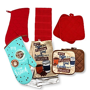 Home Collection Chef-Themed Kitchen Mitts, Pot Holder, & Kitchen Towels Set (Red)