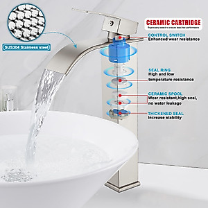 Midanya Bathroom Sink Faucet Waterfall Spout Single Handle 1 Hole Deck Mount Mixer Tap Lavatory Vanity Vessel Faucet Commercial with Pop Up Drain,Tall, Brushed Nickel