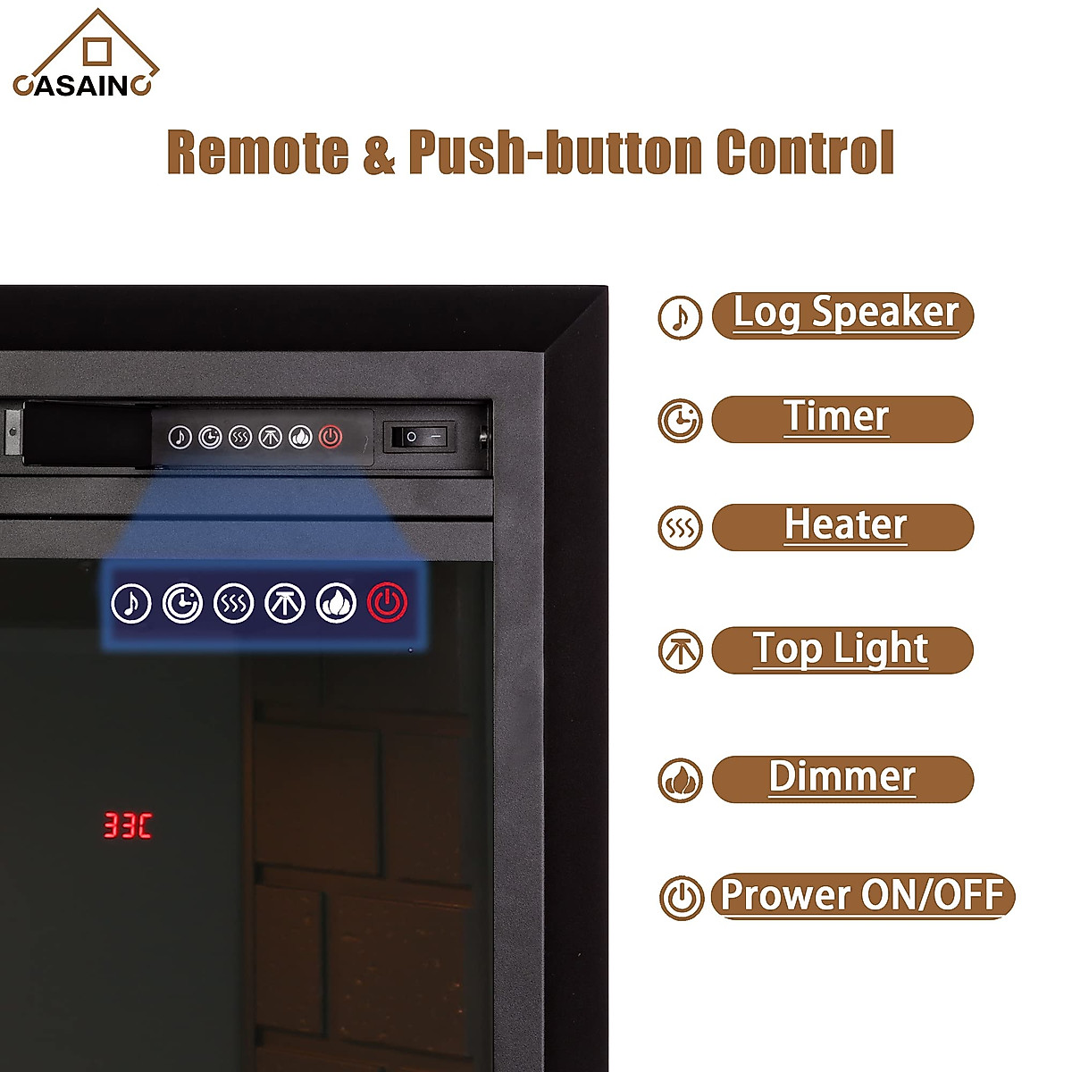 CASAINC 28'' Electric Fireplace Insert, Recessed LED Mantel Fireplace, Low Noise w/Thermostat Heater,1-9 H Timer and Remote Control, Adjustable Flame 3 Colors & 5 Brightness, 1500/750W-Black
