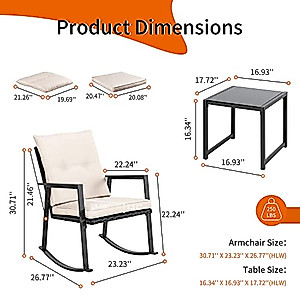 Shintenchi 3 Pieces Rocking Bistro Set Wicker Patio Outdoor Furniture Porch Chairs of 2 Outdoor Furniture Rattan Chair Conversation Sets with Glass Coffee Table (Beige)