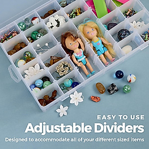 36 Grid Clear Plastic Organizer - Pack of 2- Bead Storage, Craft Organizer, DIY Small Parts Organizer, Jewelry Box, Fishing Tackle Box, Sewing, Nail Storage w/Adjustable Dividers & 5 Sticker Labels