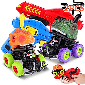 FiGoal 2 Pack Dinosaur Cars with Toy Gun Ejecting Friction Powered Dino Car Transforming Dinosaur Toys Car Gifts for Boys Girls Toddlers Classroom Prize Gifts