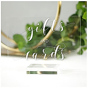 Cedar and Ink Gifts and Cards Sign w Acrylic Stand, Acrylic Wedding Signs Cursive, Clear Lucite Glass-Like Gift Sign for Table or Wedding Cards Sign for Acrylic Card Box, Stand Included