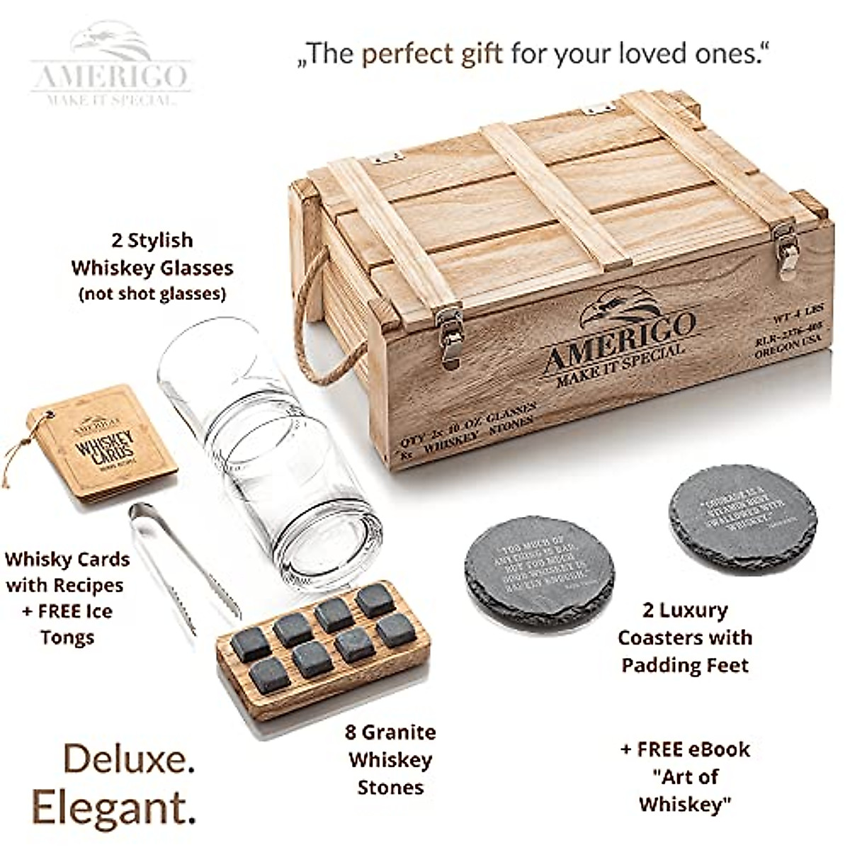 𝗕𝗘𝗦𝗧 𝗚𝗜𝗙𝗧: Gifts for Men Dad - Whiskey Glasses Set of 2 - Crystal Rocks Glass with 6 Stainless Steel Chilling Stones - Bourbon Glasses Gift Set - Old Fashioned Lowball Heavy Scotch Glasses