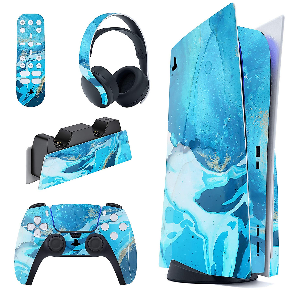 PlayVital Aquamarine Watercolour Full Set Skin Decal for ps5 Console Disc Edition, Sticker Vinyl Decal Cover for ps5 Controller & Charging Station & Headset & Media Remote