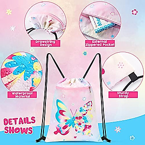 WAWSAM Butterfly Drawstring Backpack for Kids - 13" x 18" Sports Gym Bag for Girls Waterproof Beach Swimming Travel Sackpack Birthday Christmas Gift with Zippered Pocket