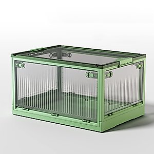 submatches Collapsible Lided Storage Box,Transparent Plastic Folding Box with 5 Doors Opening,54L Stackable Folding Bins with 4 Wheels,Green,1 Pack