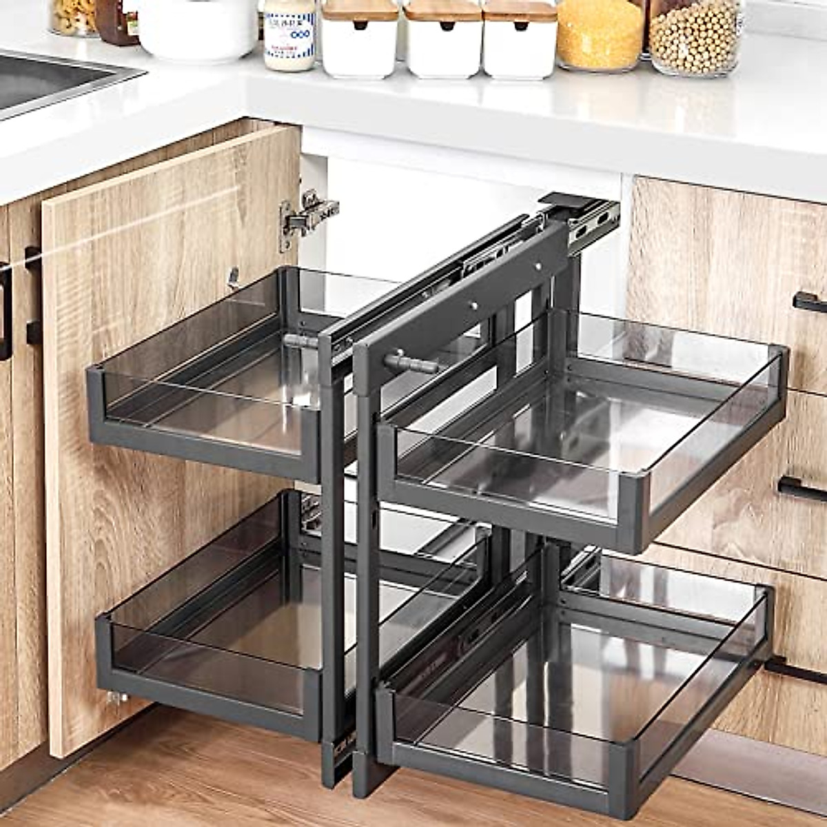Blind Corner Cabinet Pull Out Organizer with 4-Shelf Glass Basket Corner Stainless Steel Damping Guide Rail Cabinet Storage Shelves Spice Rack for Installation on Left or Right Blind Corner Cabinet (