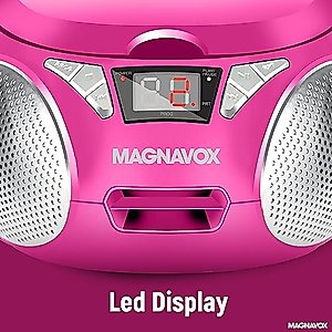 Magnavox MD6924 Portable Top Loading CD Boombox with AM/FM Stereo Radio in Black | CD-R/CD-RW Compatible | LED Display | AUX Port Supported | Programmable CD Player | (Pink)