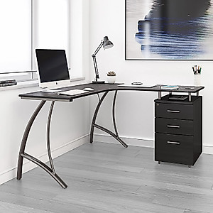 Techni Mobili Modern L Shaped Computer Desk with File Cabinet and Storage, Workstation Table with MDF Panels and PVC Laminate Veneer Surface, Espresso