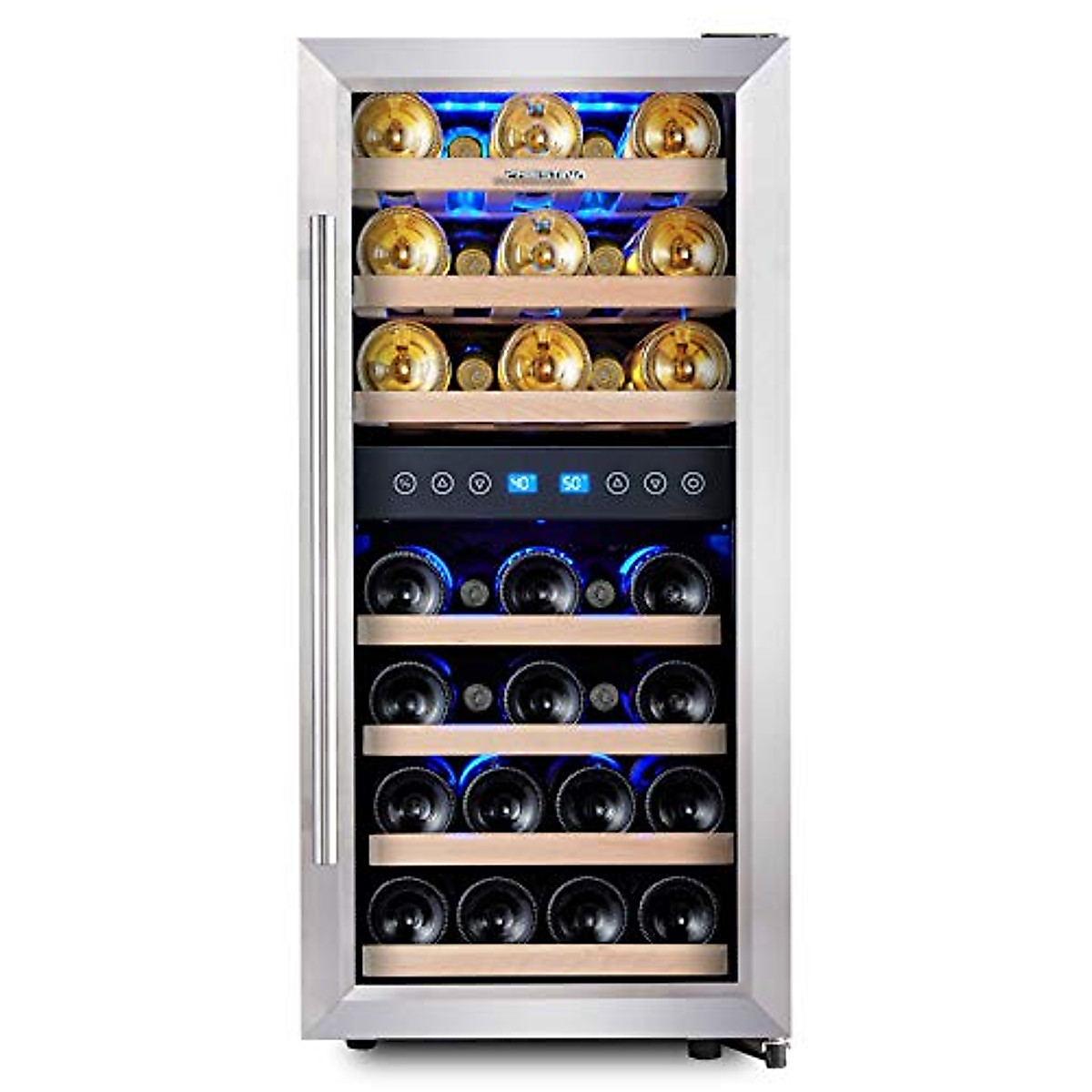 Phiestina Dual Zone Wine Cooler Refrigerator, 33 Bottle Free Standing Compressor Fridge and Chiller for Red and White Wines, 16'' Glass Door Wine Refrigerator with Digital Memory Temperature Control