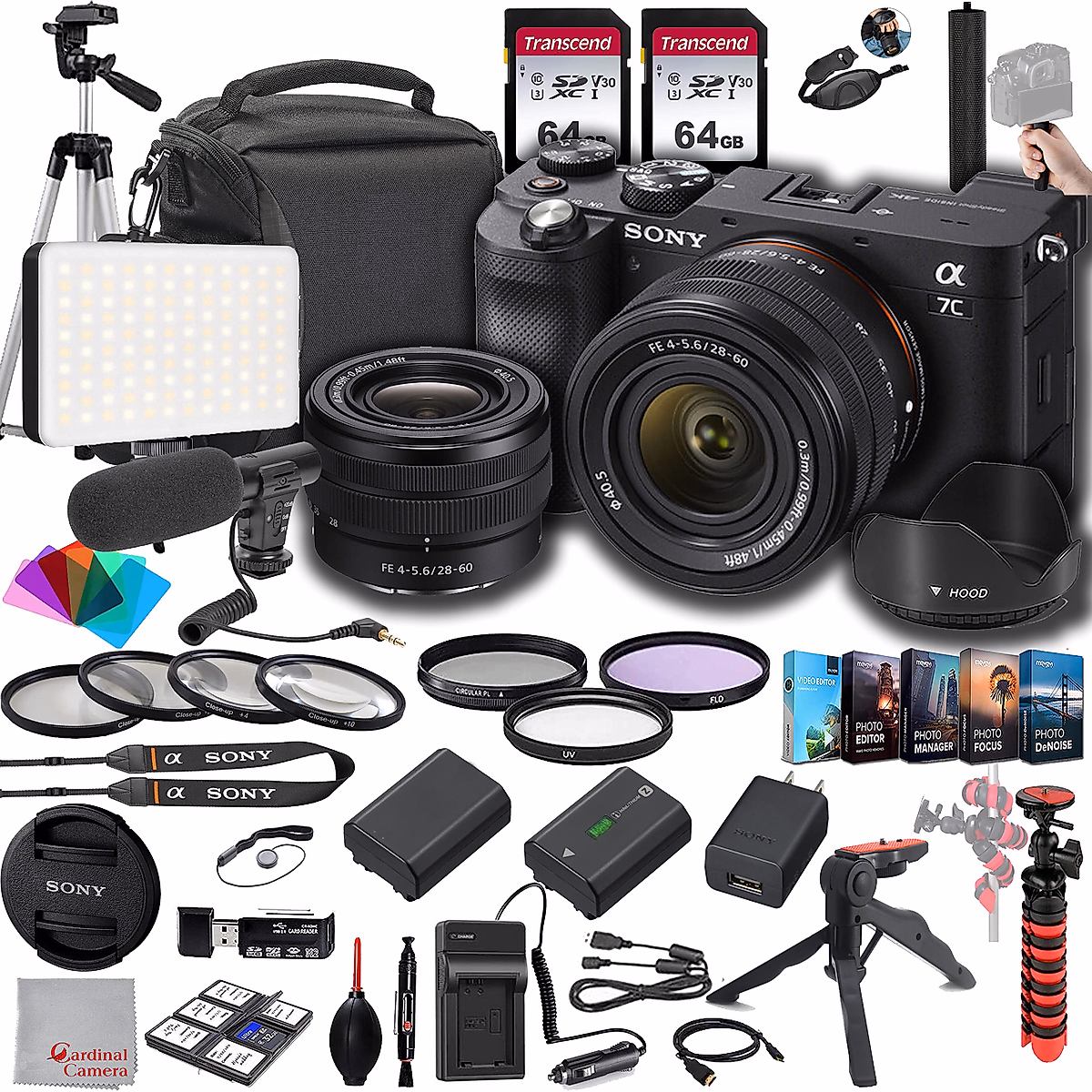 Sony a7C Mirrorless Camera with 28-60mm Lens ILCE7CL/B, 128GB Memory,Microphone, 120LED Video Light, Tripod, Filters, Hood, Grip,Spare Battery & Charger Software Kit -Deluxe Bundle