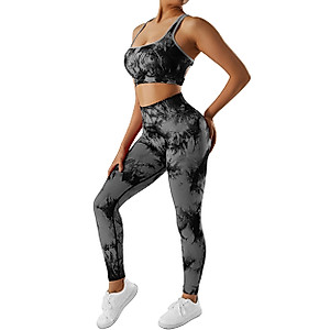 OMKAGI Women Ribbed Workout Sets Seamless Strappy Sport Bra Butt Lifting Leggings Outfits(S,04-Black Tie Dye)