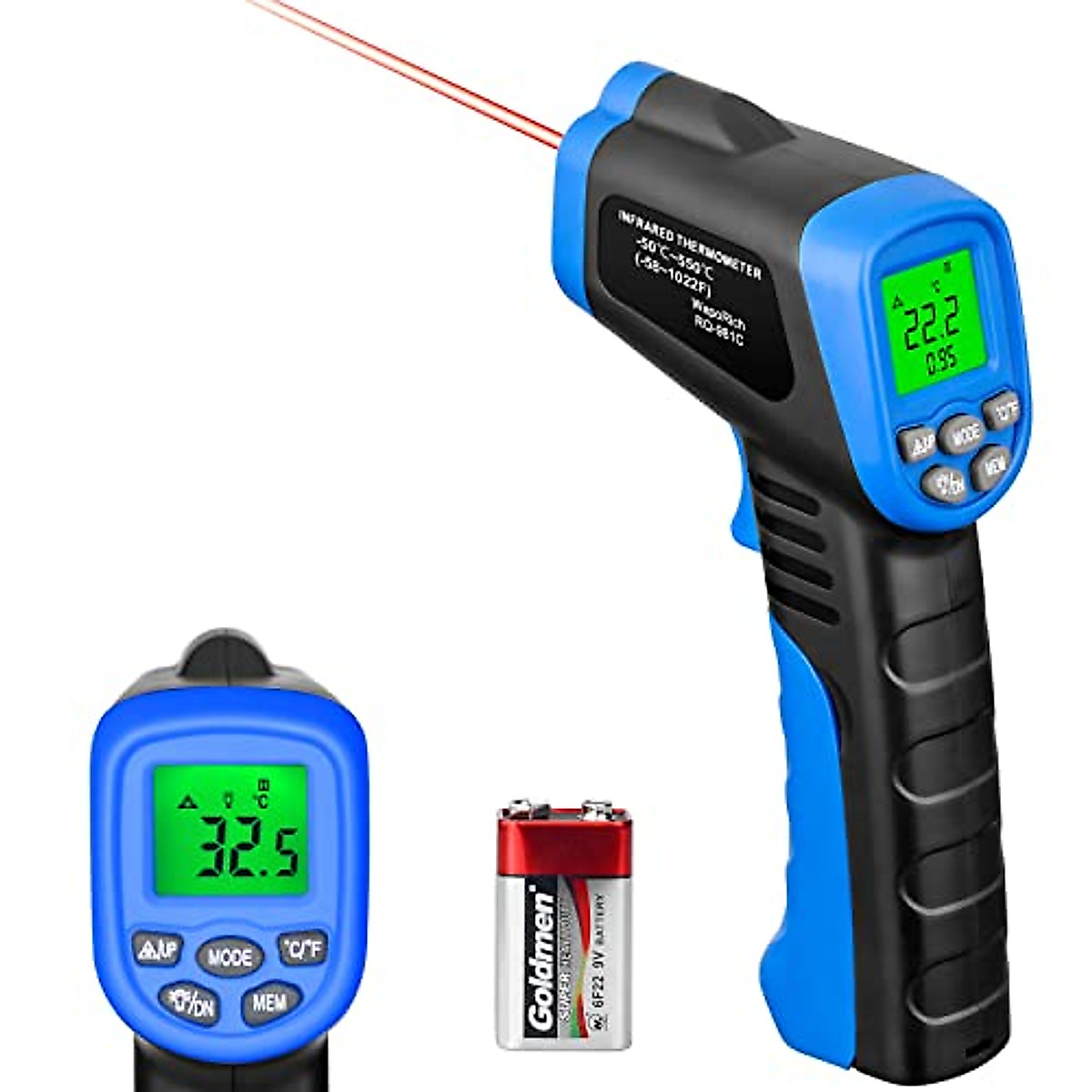 Infrared Thermometer Digital Laser Thermometer RQ-981C, Non-Contact Digital Infrared Thermometer from -50℃ to 550℃(-58 to1022℉) Come with LCD Back-Light, Data Hold for Industrial (Not for Human)