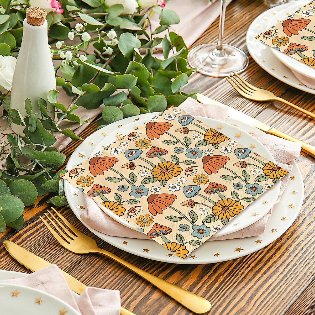 AnyDesign 80Pcs Boho Floral Paper Napkins Disposable Mushroom Flower Eyes Luncheon Napkins Retro Hippie Dessert Dinner Hand Napkin for Birthday Wedding Bridal Shower Tea Party, 6.5 x 6.5 Inch