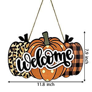 Fall Wreaths for Front Door Wooden Leopard Plaid Welcome Pumpkin Hanging Sign Front Porch Decor Door Sign Farmhouse Wall Living Room Home Decorations 11.8 x 7.9 Inch