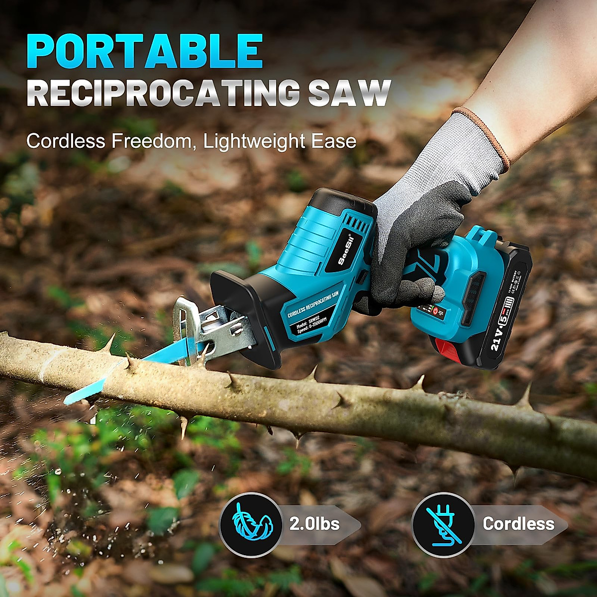 Reciprocating Saw Cordless, Sawzall Cordless with 2 x 2.0Ah Batteries, 3500RPM Brushless Power, LED Light, Tool-free Blade Change 8 Saw Blades Portable Reciprocating Saw for Wood PVC Cutting