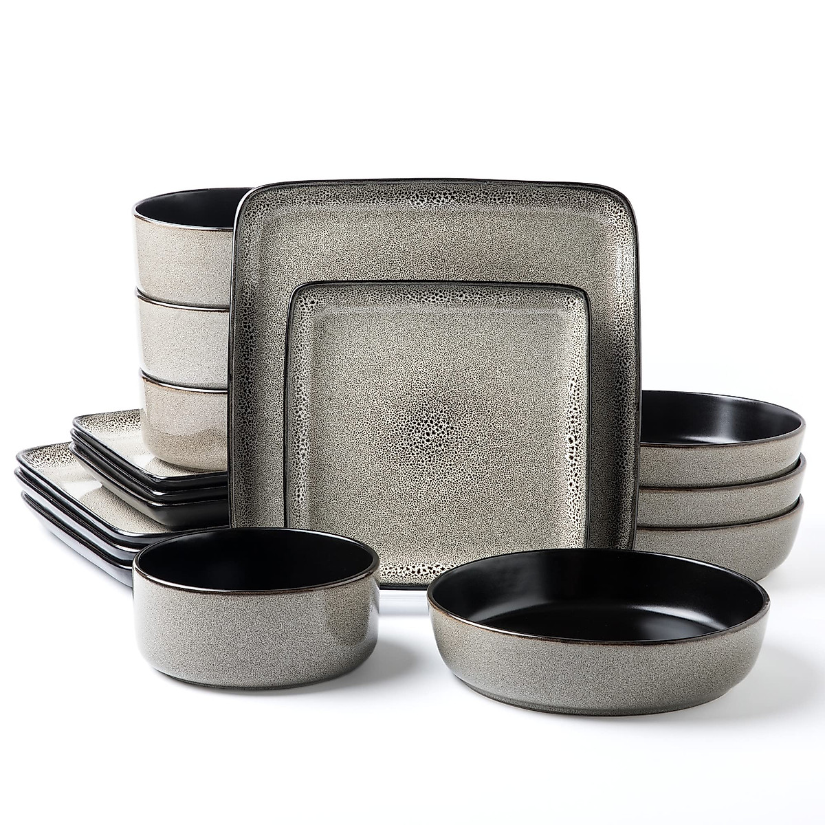 Arora FLACKAR Square Stoneware 16pc Double Bowl Dinnerware Set for 4, Dinner Plates, Side Plates, Cereal Bowls, Pasta Bowls - Reactive Glaze Grey (476076)