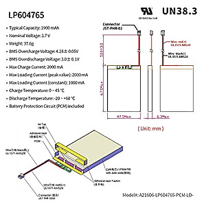 EEMB Lithium Polymer Battery 3.7V 1900mAh 604765 Lipo Rechargeable Battery Pack with Wire JST Connector for Speaker and Wireless Device- Confirm Device & Connector Polarity Before Purchase